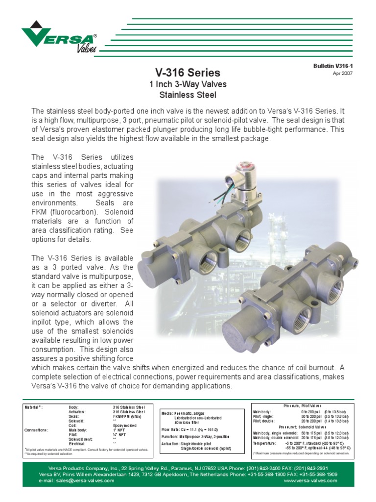 V-316 Series: 1 Inch 3-Way Valves Stainless Steel | PDF | Valve | Actuator