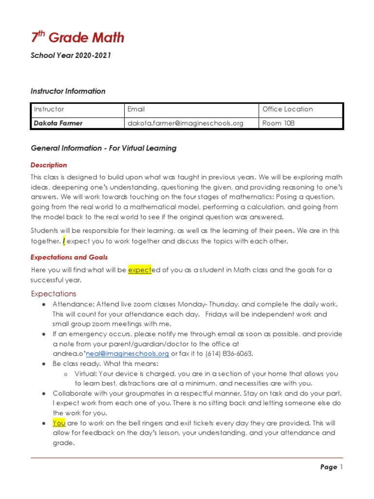7th Grade Math Course Overview 2020-2021 | PDF | Teaching Mathematics ...