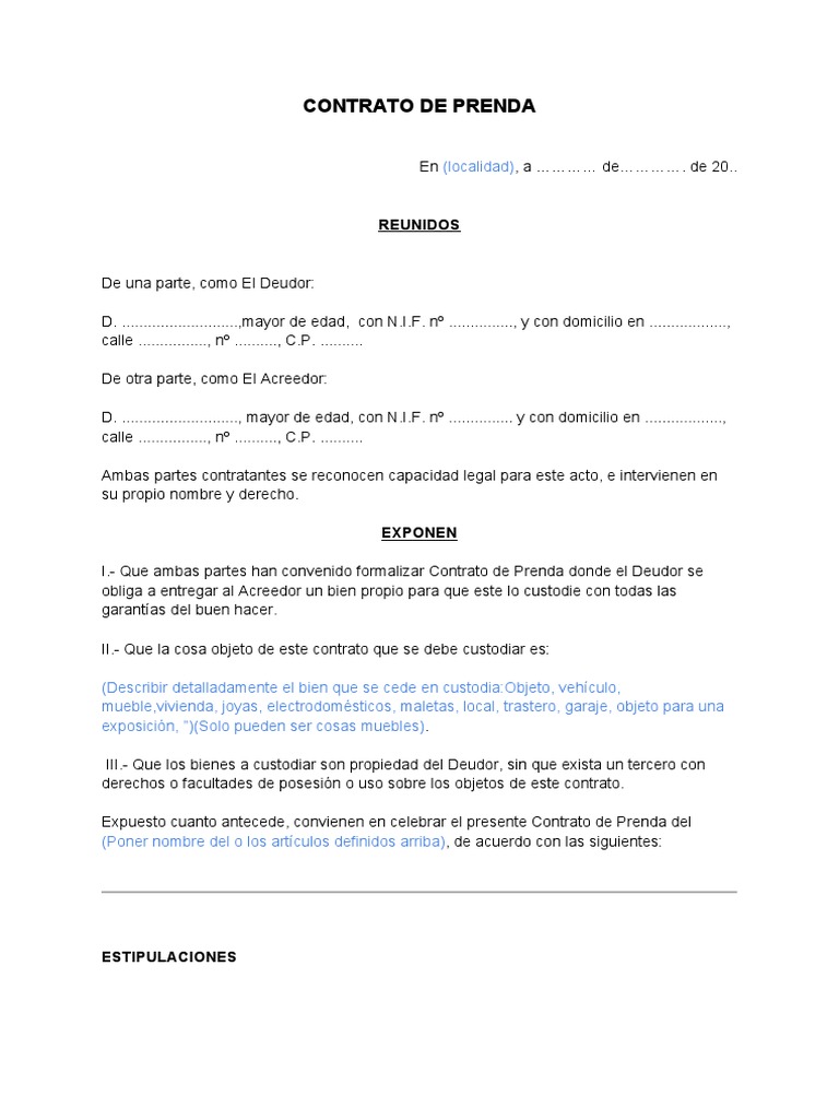 Contrato de Prenda | PDF | Virtud | Derecho civil (sistema legal)