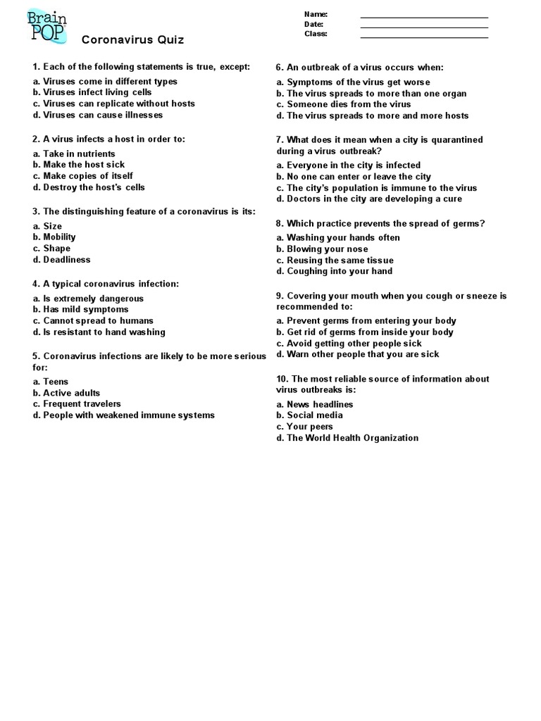 BrainPOPnCoronavirusnQuiz 945e76750262be5 | PDF | Virus | Infection