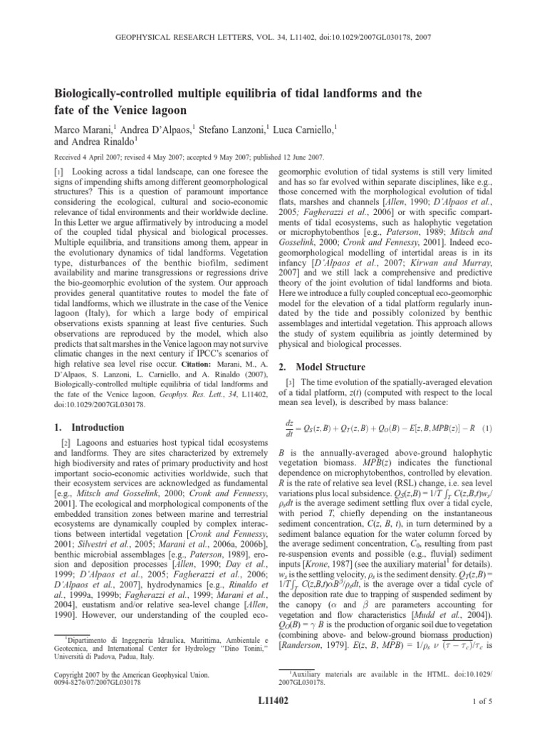 Marani - Et - Al 2007 | PDF | Geomorphology | Stability Theory