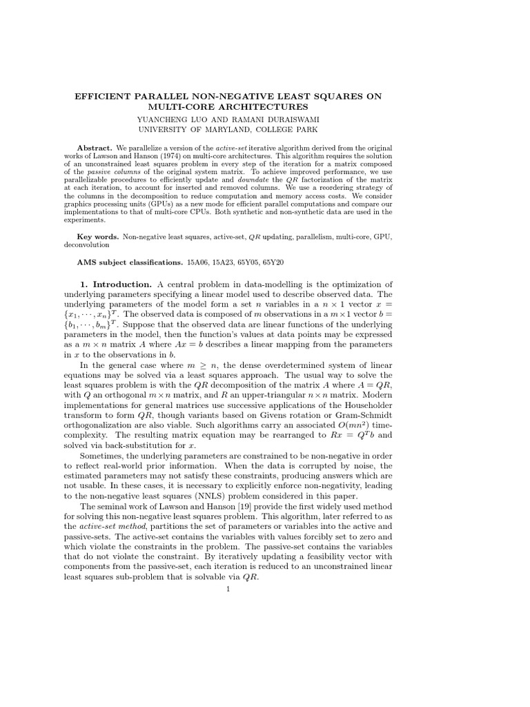 Efficient Parallel Non-Negative Least Squares On Multi-Core Architectures | PDF | Parallel ...