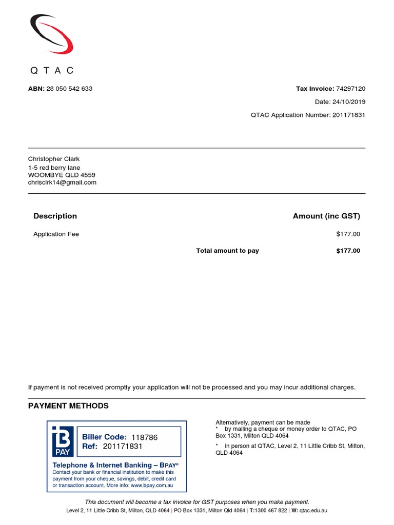 Description Amount (Inc GST) : ABN: 28 050 542 633 Tax Invoice ...