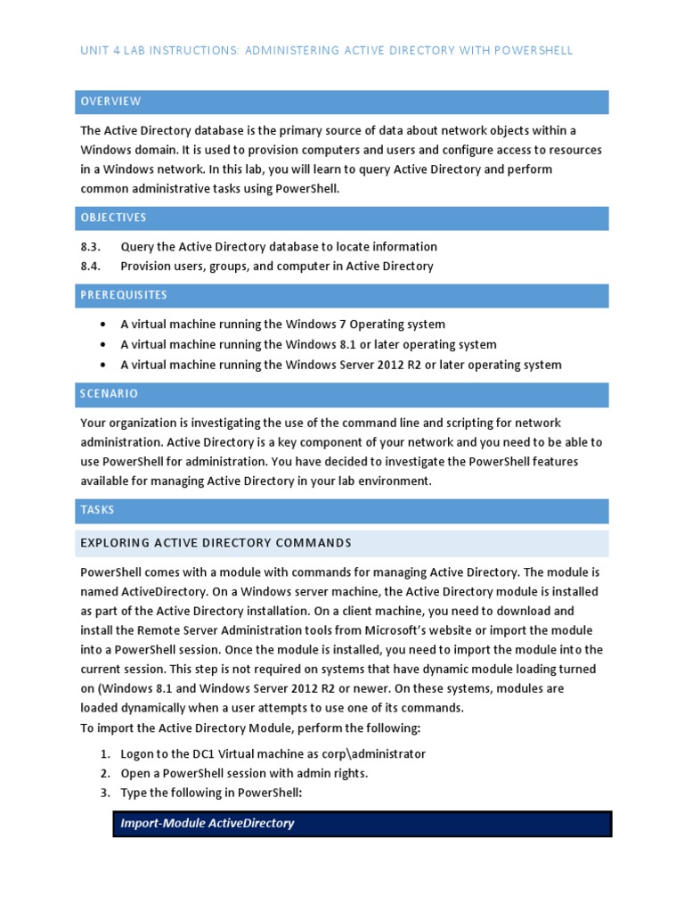 Unit 4 Lab Instructions: Administering Active Directory With Powershell ...