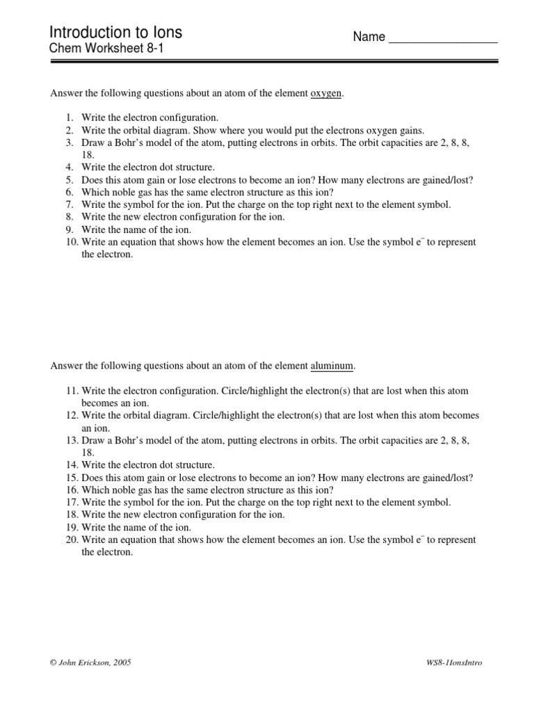 Introduction To Ions: Name - Chem Worksheet 8-1 | PDF