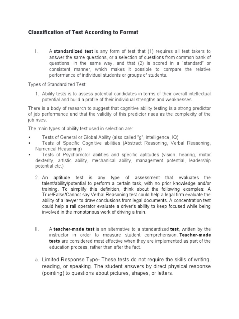 Classification of Test According To Format | PDF | Psychological ...