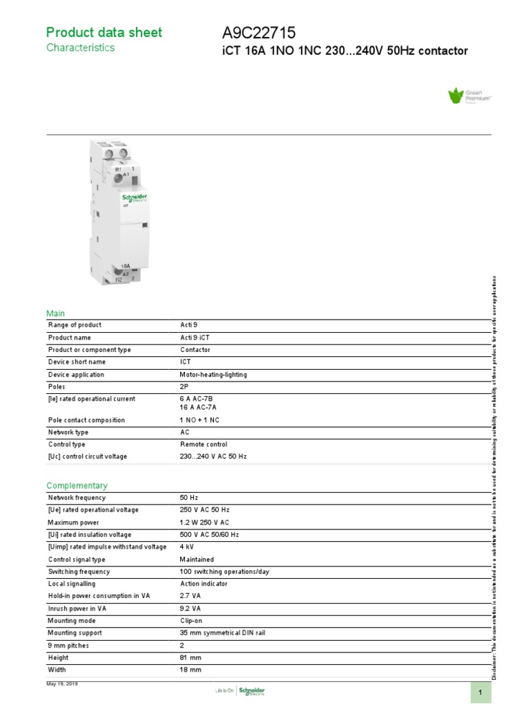 Product Data Sheet: iCT 16A 1NO 1NC 230... 240V 50Hz Contactor | PDF | Alternating Current ...