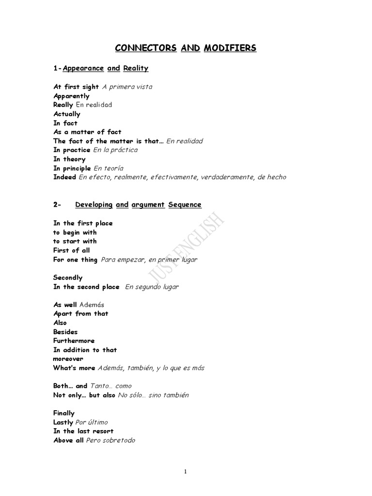 Connectors and Modifiers in English | PDF | Linguistic Typology | Syntax