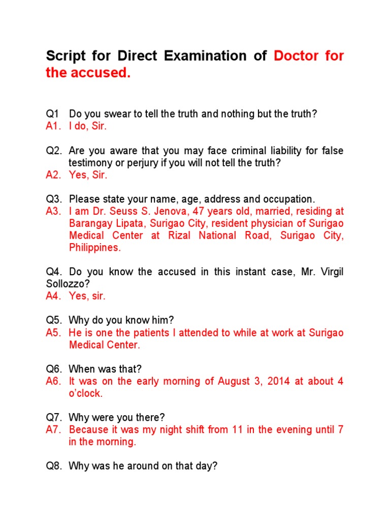 Script For Direct Examination Of: Doctor For The Accused | Download ...
