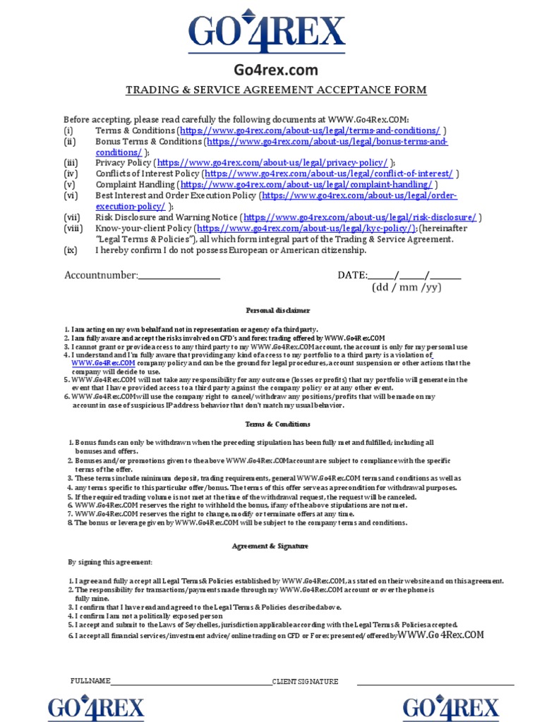 Trading & Service Agreement Acceptance Form: (Ii) (Iii) (Iv) (V) (Vi ...