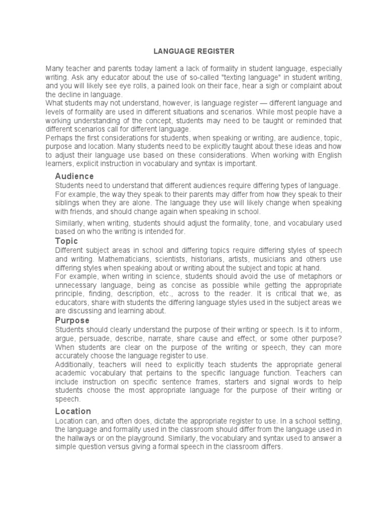 Audience: Language Register | PDF | Speech | Vocabulary