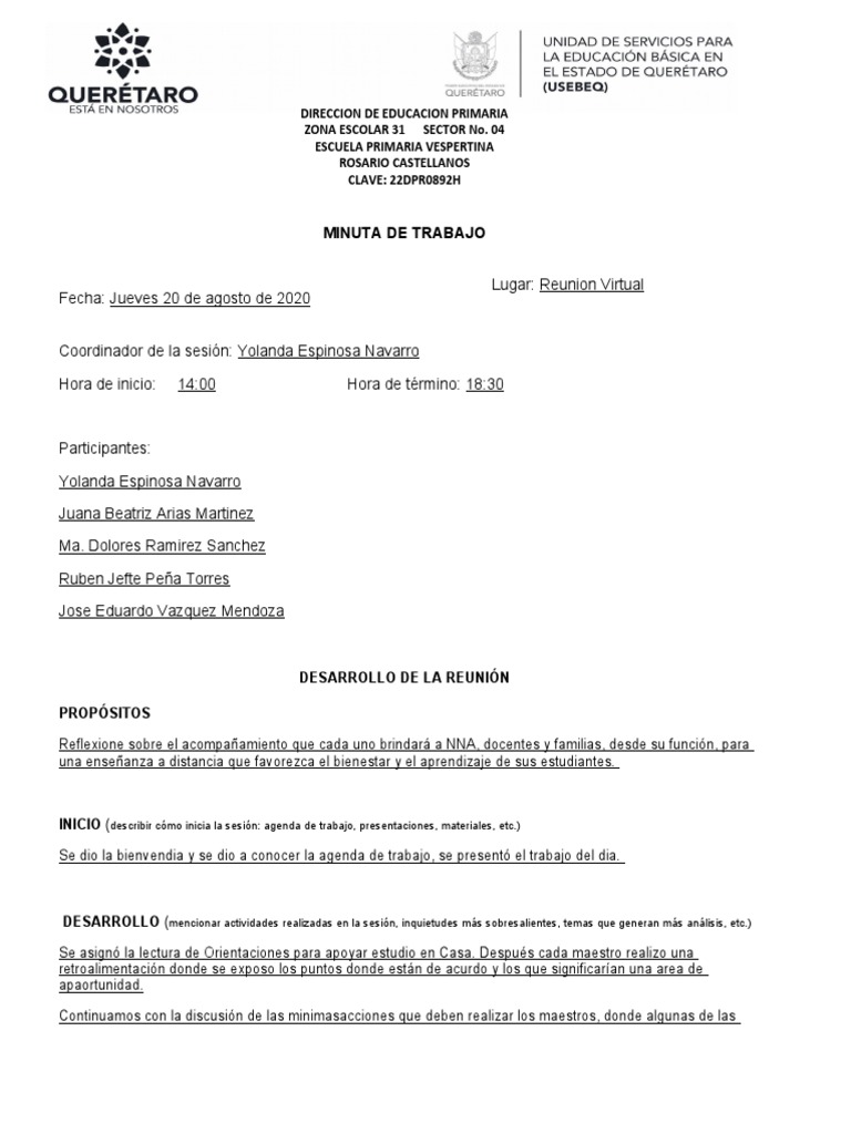 Minuta en Blanco | PDF | Educación primaria | Aprendizaje