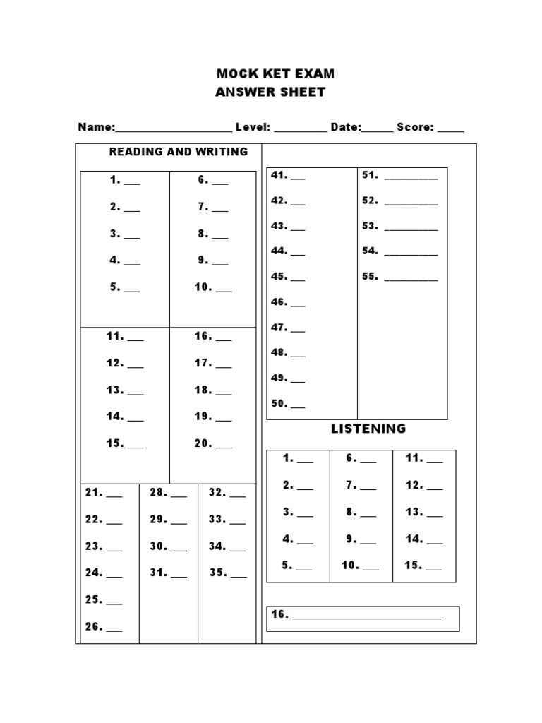 Mock Ket Exam Answer Sheet | PDF | Computers
