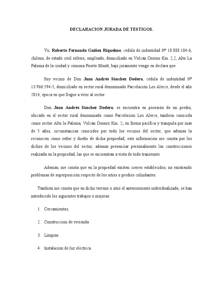 Declaracion Jurada de Testigos | PDF Declaracion Jurada de Testigos | PDF