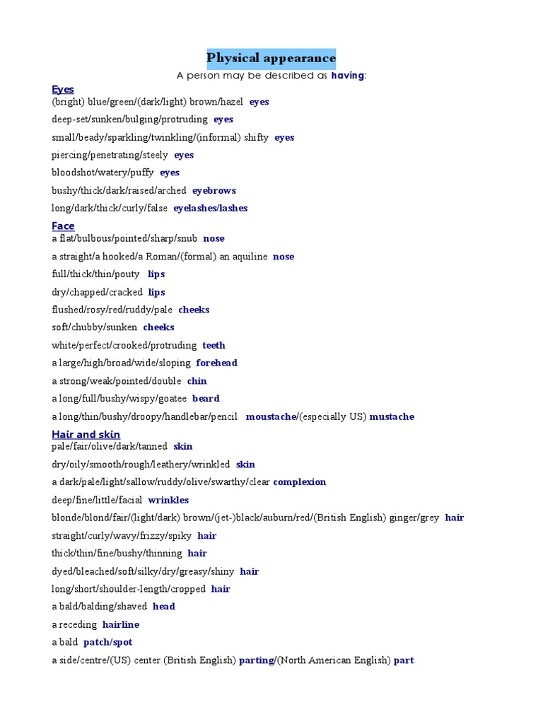 Physical Appearance: A Person May Be Described As | PDF | Language Arts ...