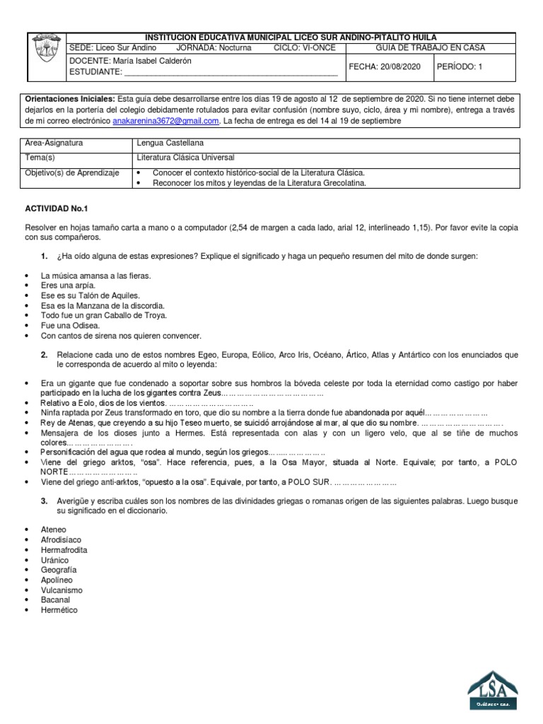 Castellano Ciclo VI Maria Isabel Calderon P1 Guia 1 | PDF | Grecia ...