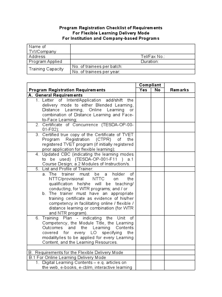 Program Registration Checklist of Requirements For Flexible Learning ...