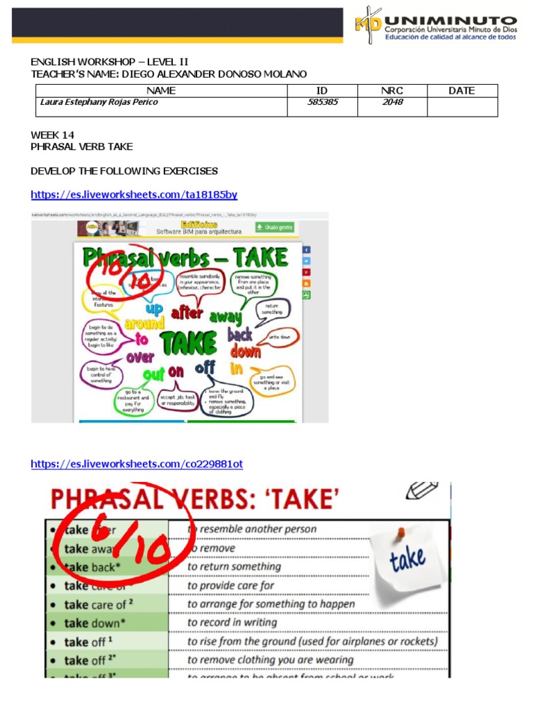 English II Week 14 - Phrasal Verb Take PDF | PDF