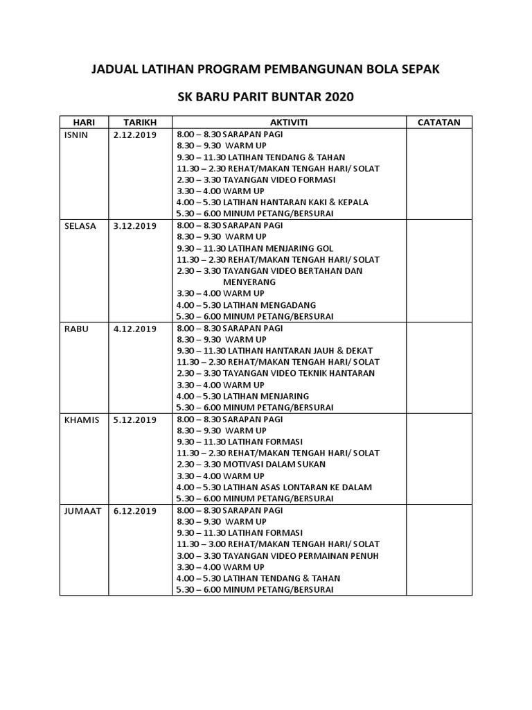 Jadual Latihan Program Pembangunan Bola Sepak | PDF