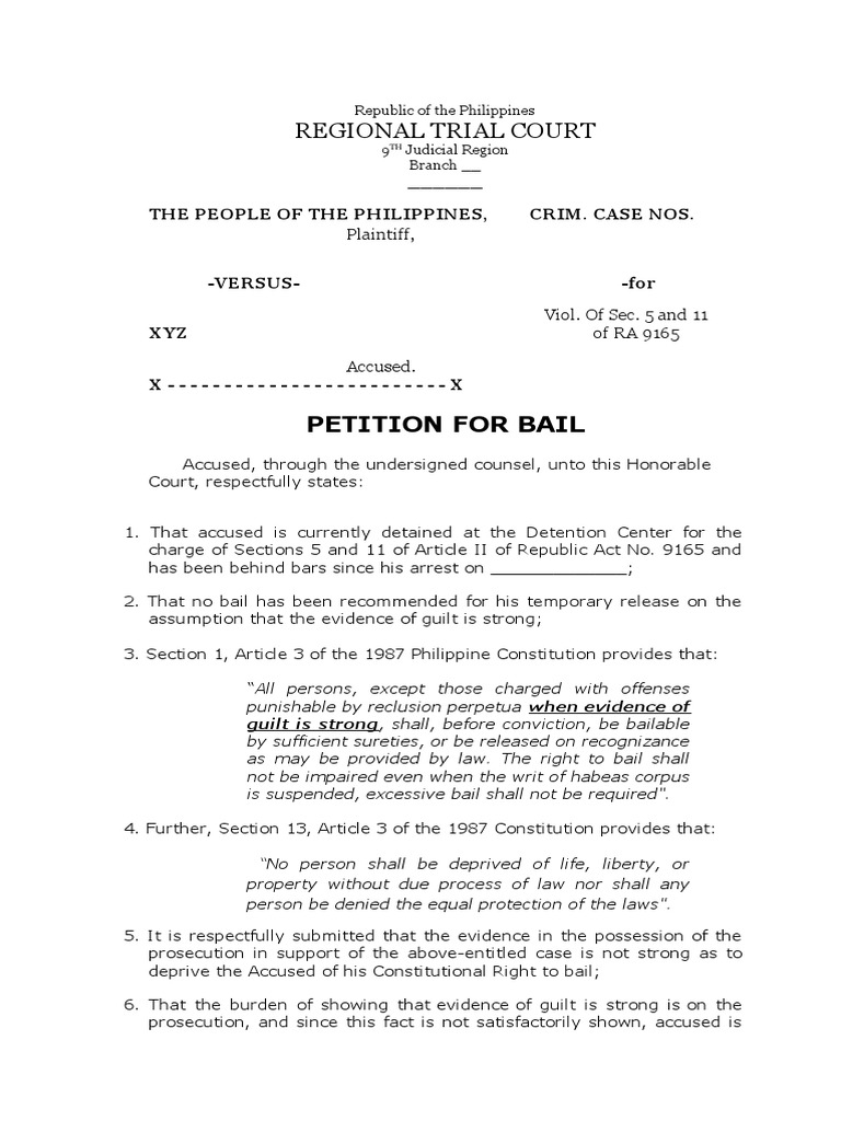 Sample Petition For Bail in Blank | PDF | Bail | Prosecutor