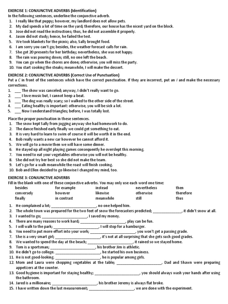 Conjunctive Adverbs (Exercises) | PDF | Foods