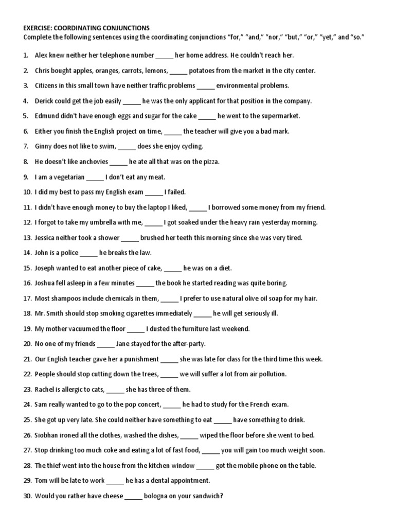 Coordinating Conjunctions Exercise Worksheet | PDF | Cooking | Cuisine