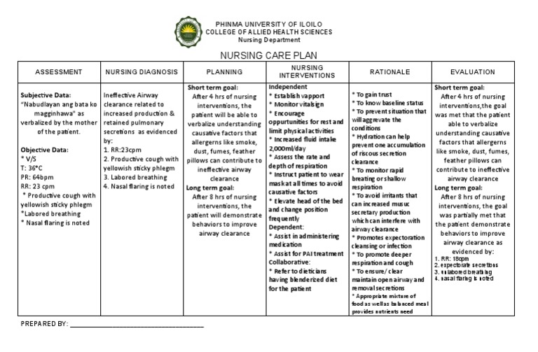 Nursing Care Plan: Subjective Data: Short Term Goal: Short Term Goal ...