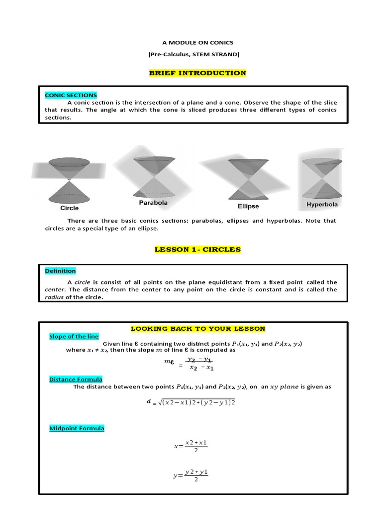 A Module On Conics (Pre-Calculus, STEM STRAND) : Brief Introduction ...