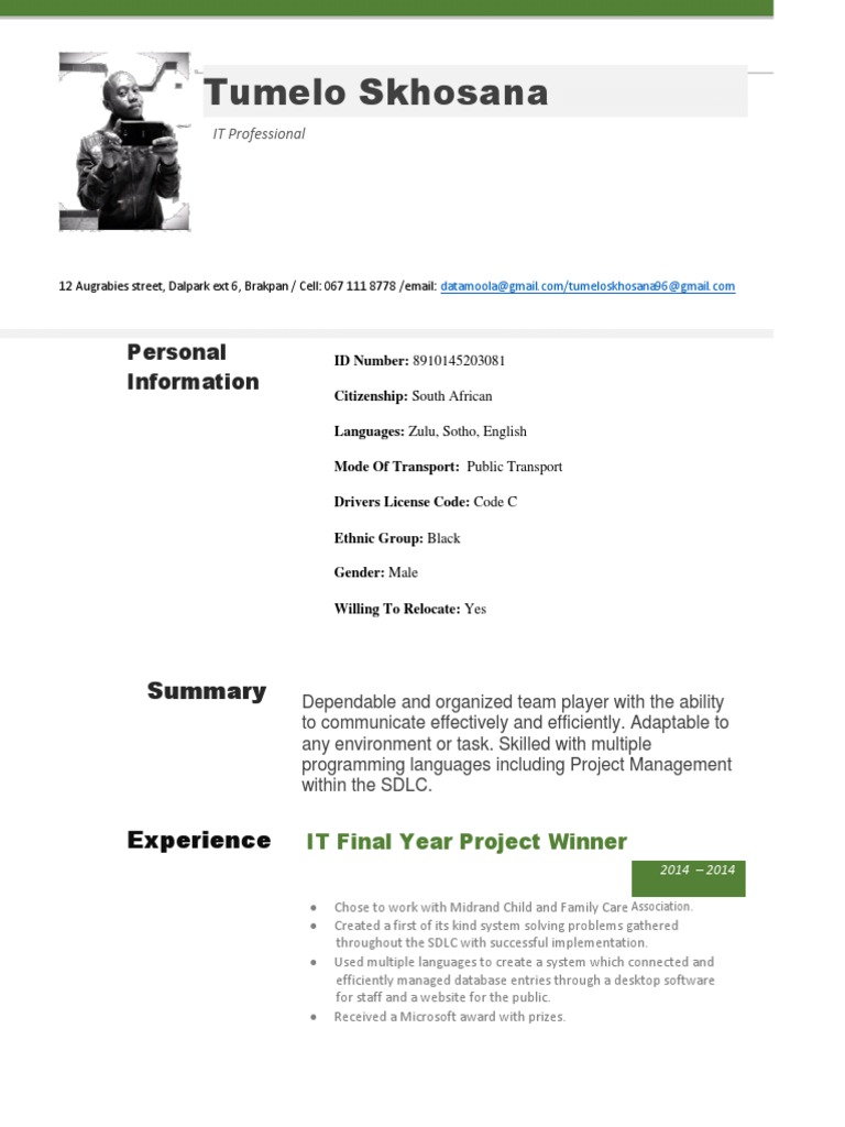 CV of Tumelo Skhosana PDF | PDF | Computer Science | Information System