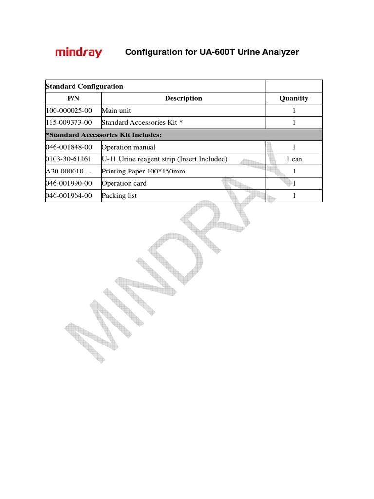 Configuration For UA-600T Urine Analyzer: Standard Configuration P/N Description Quantity | PDF
