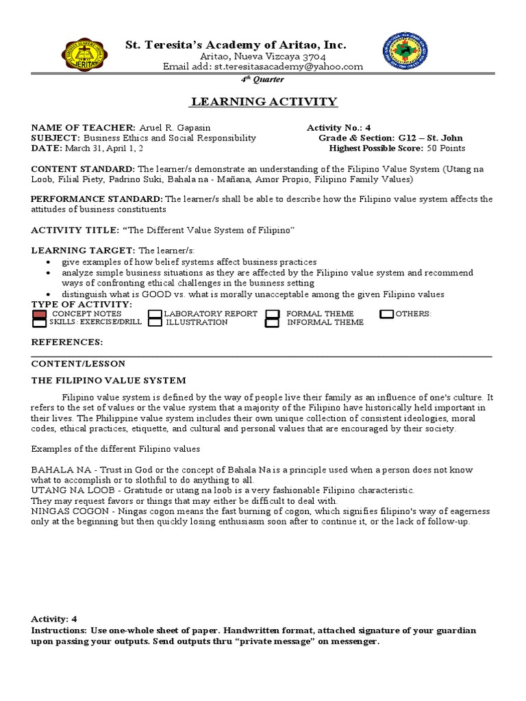 St. Teresita's Academy of Aritao, Inc | PDF | Value (Ethics) | Learning