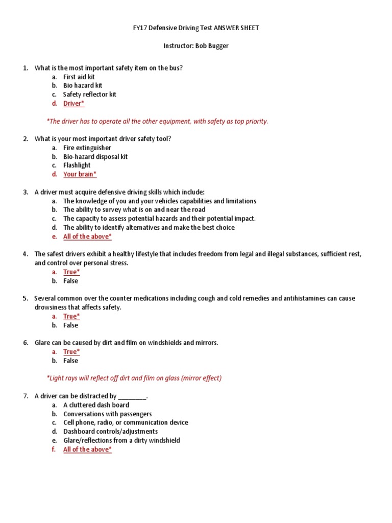 FY17 Defensive Driving Test Answers | PDF | Traffic | Brake