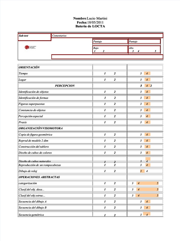 PDF Evaluacion de Lotca DL | PDF | Neurociencia | Cognición
