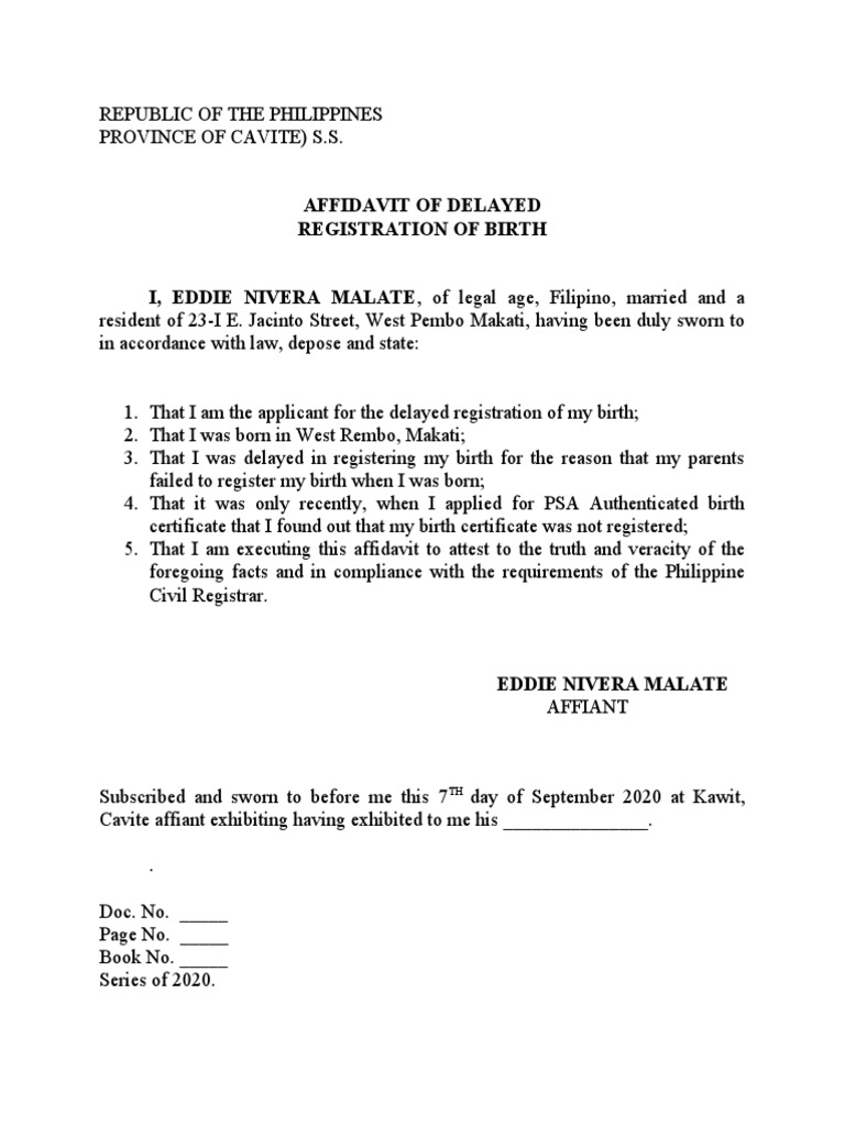 Affidavit of Delayed Registration of Birth | PDF