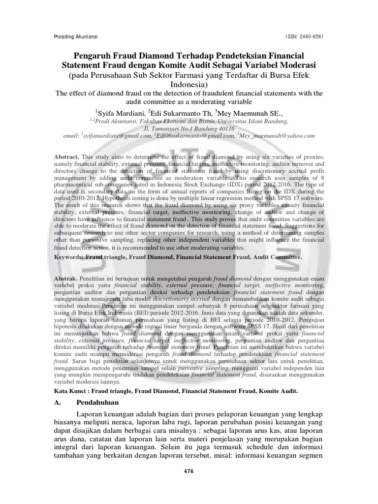 Fraud Diamond Dengan Moderasi Komite Audit Pdf Audit Accounting