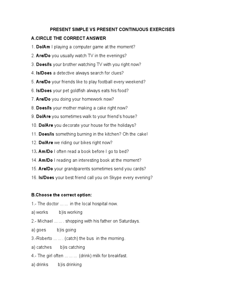 Present Simple Vs Present Continuous Exercises Present Simple Vs