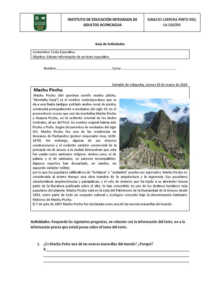 Guía de Actividades sobre Machu Picchu | PDF | Machu Picchu