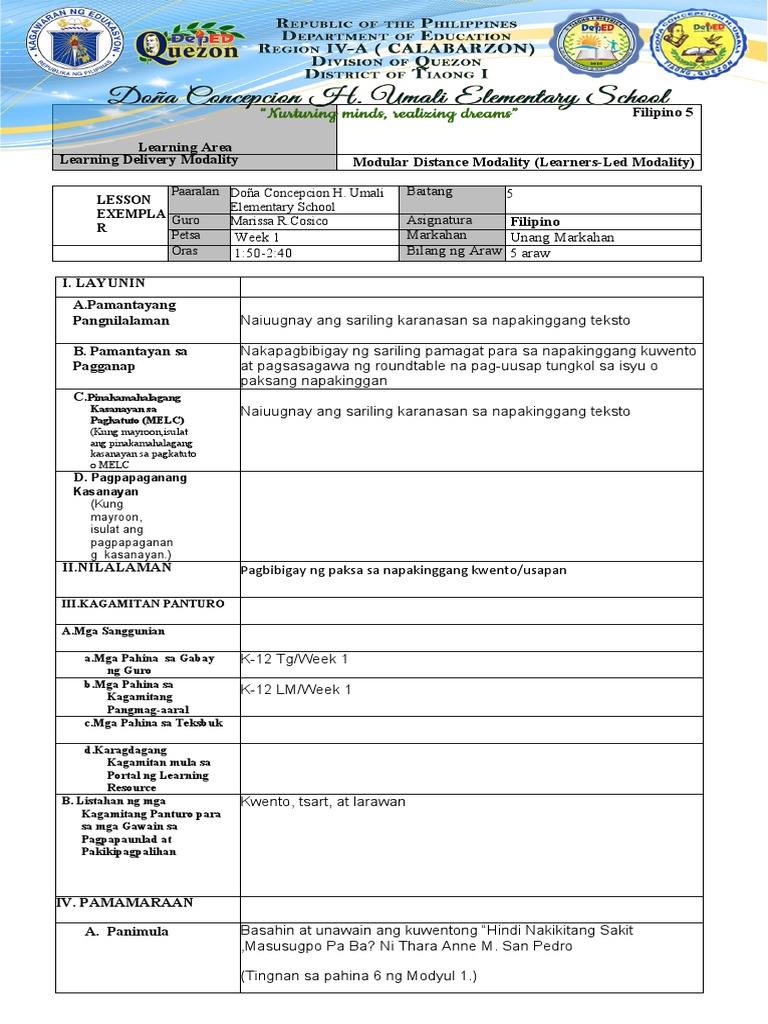 Lesson Exemplar Filipino 5 Week 1 | PDF