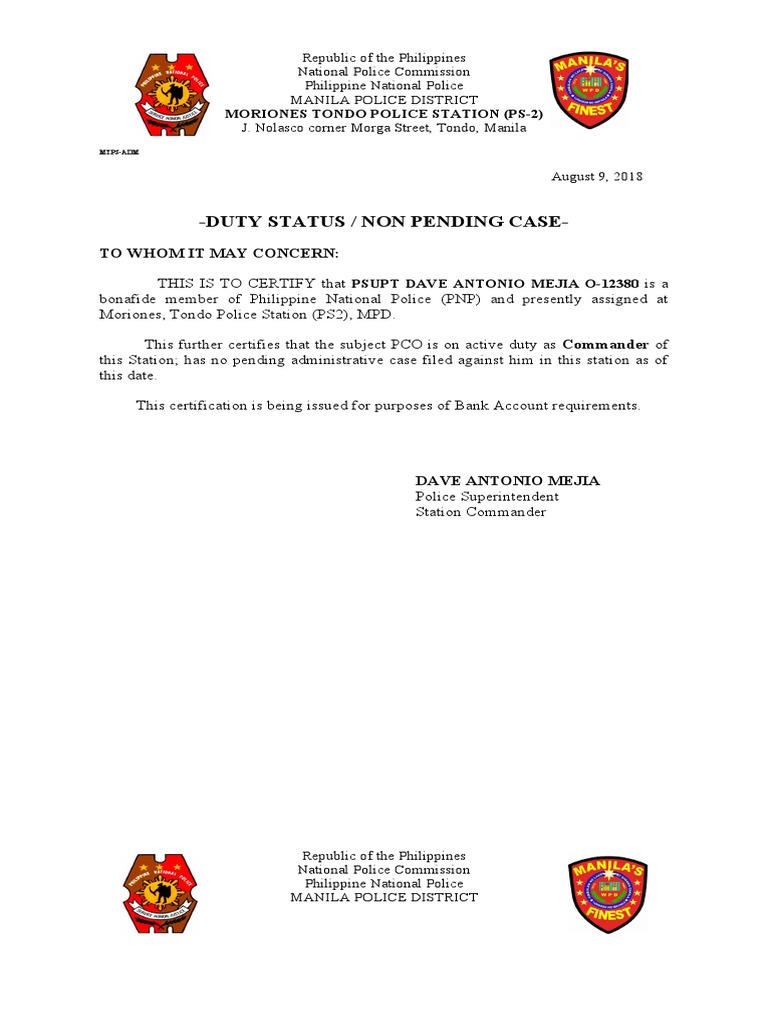 Duty Status / Non Pending Case-: To Whom It May Concern | PDF | Manila ...