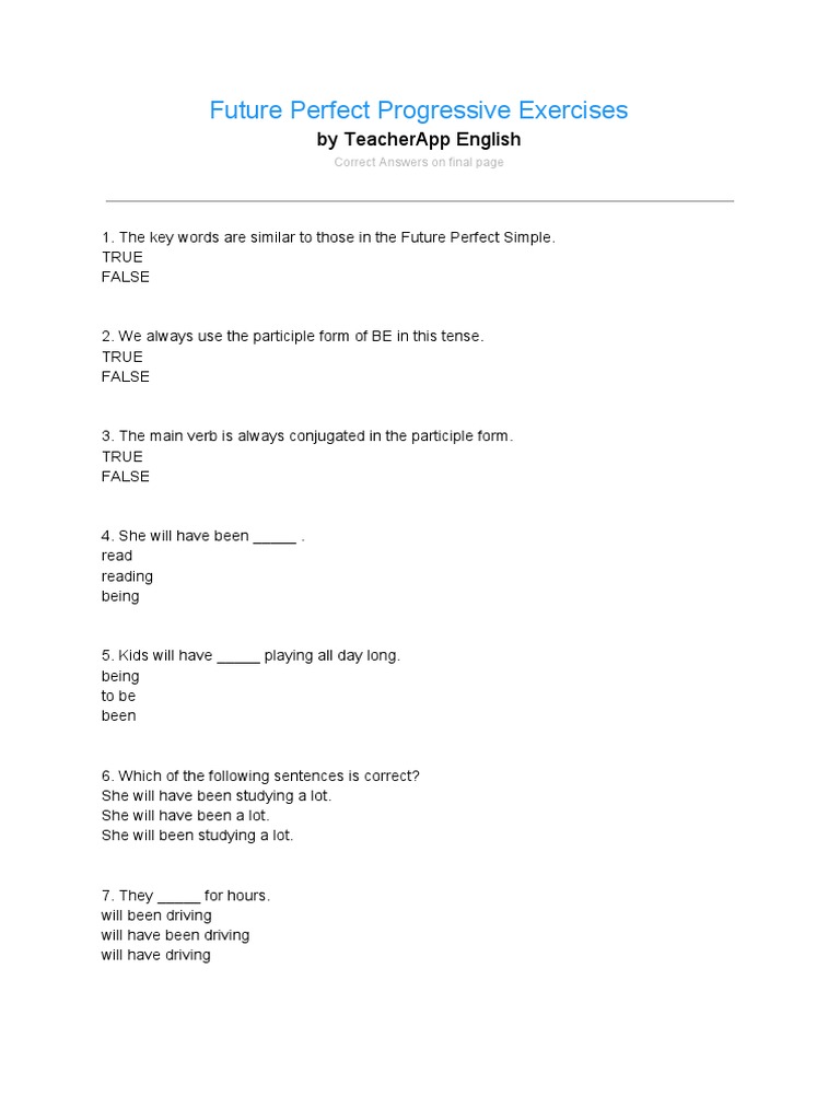 Future Perfect Progressive Exercises: by Teacherapp English | PDF ...