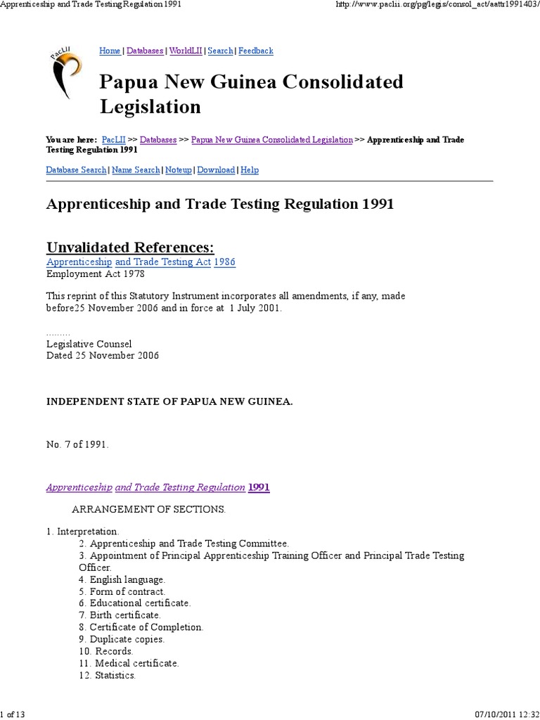 Papua New Guinea Consolidated Legislation: Apprenticeship and Trade ...