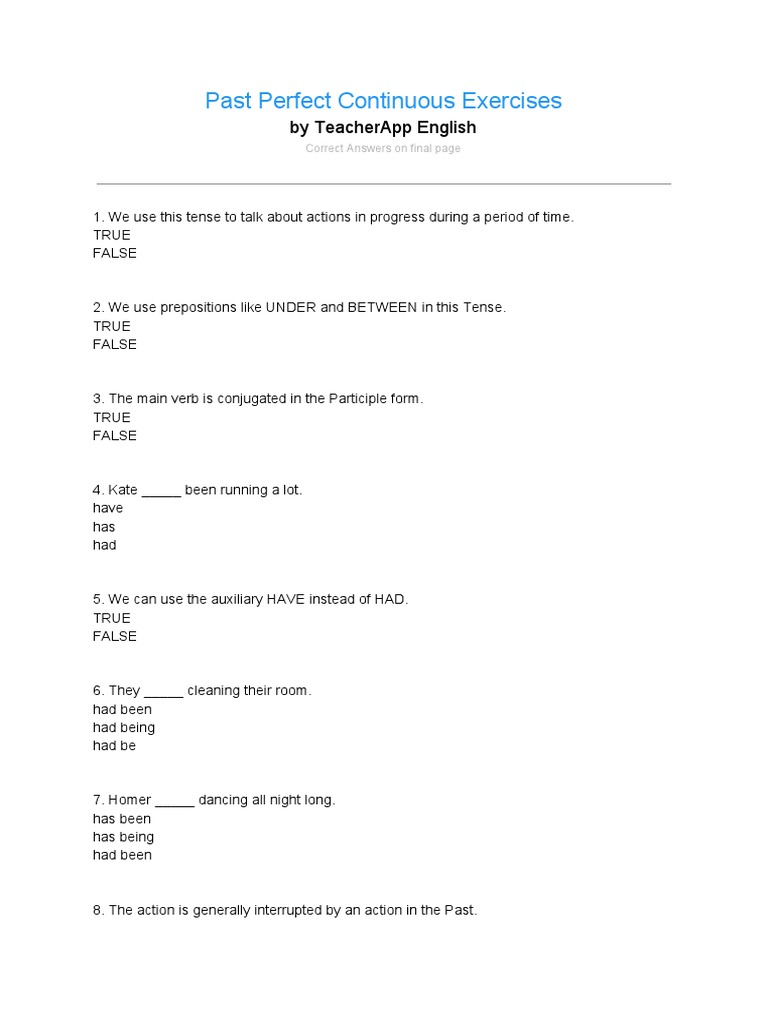 Past Perfect Continuous Exercises: by Teacherapp English | PDF