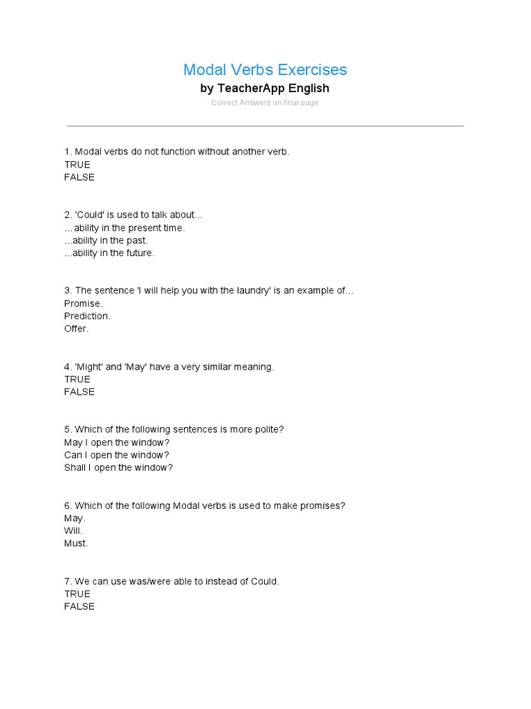 Modal Verbs Exercises: by Teacherapp English | PDF | Morphology ...