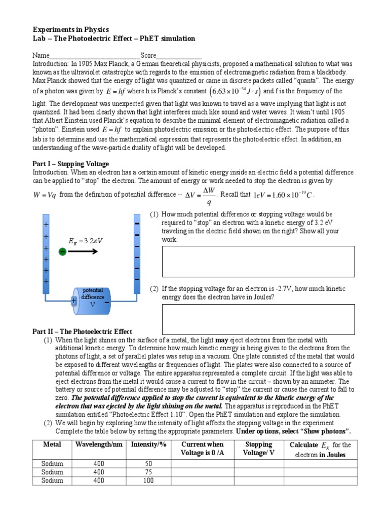 Lab Photoelectric Effect PhET Simulation | PDF | Photoelectric Effect ...