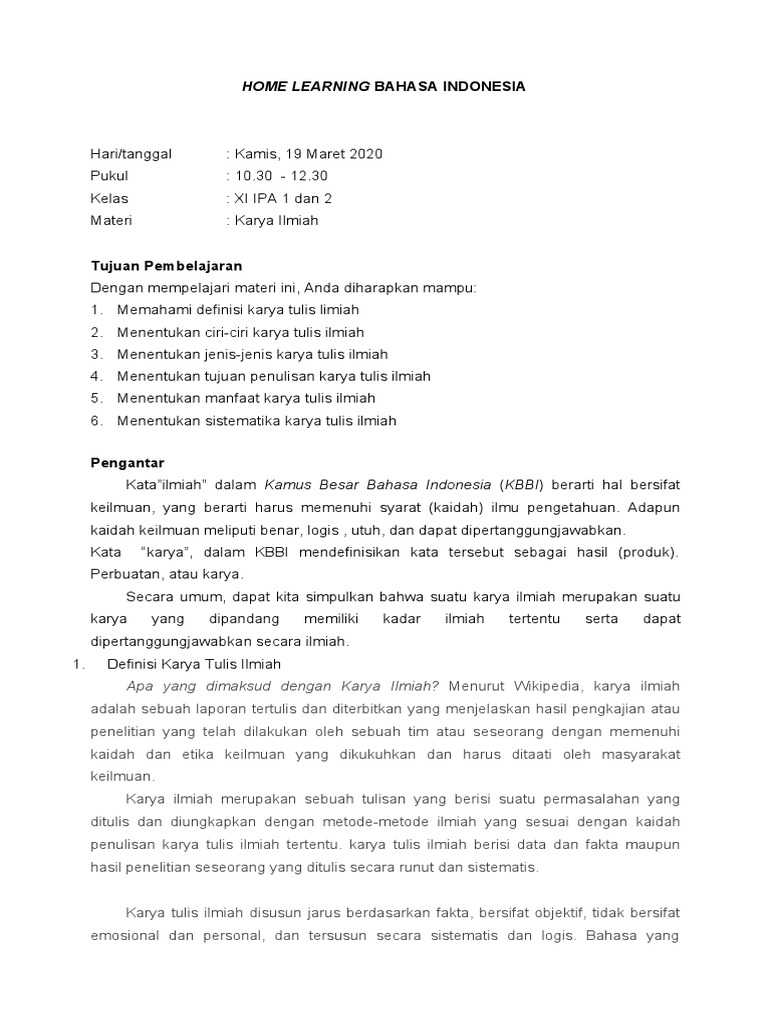Materi Home Learning Karya Tulis Ilmiah Kelas XI IPA 1-2 | PDF