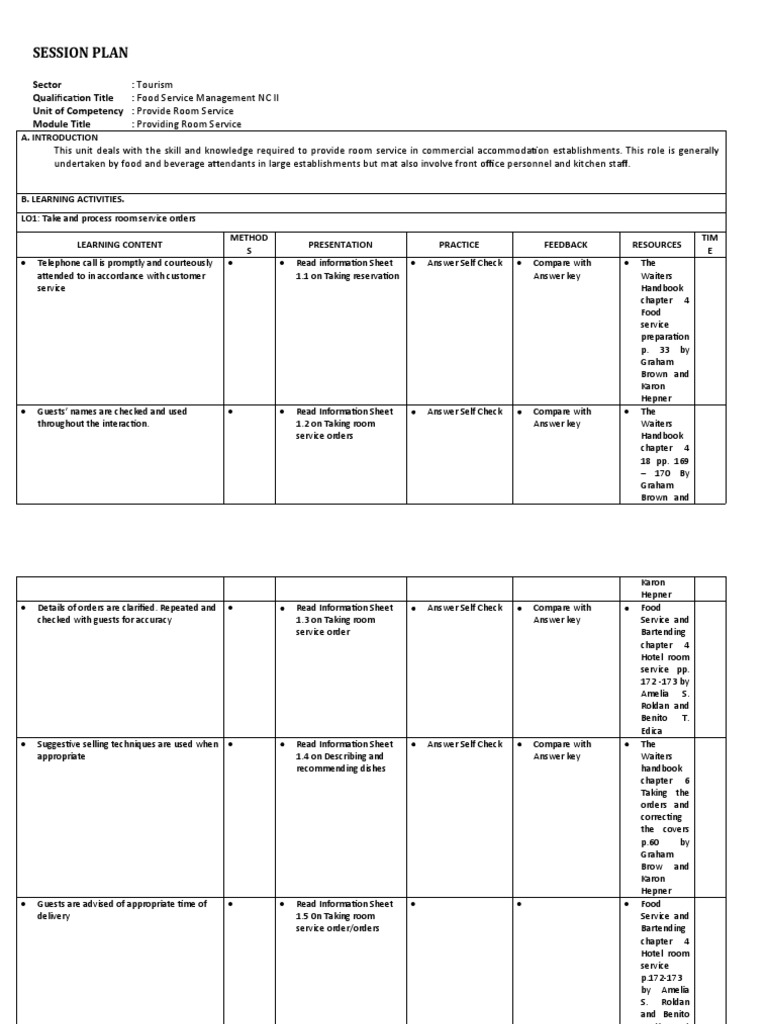 SESSION PLAN in ROOM SERVICE 2018-2019 | PDF | Waiting Staff | Food And ...
