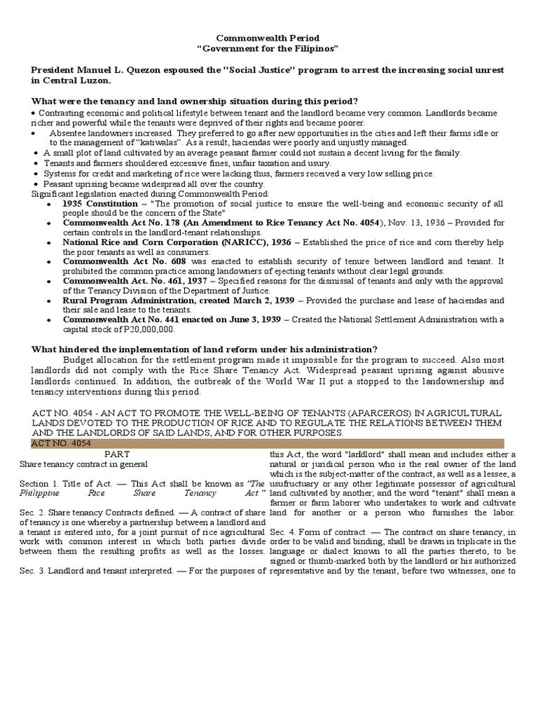 Philippine Rice Share Tenancy Act." | PDF | Leasehold Estate | Landlord