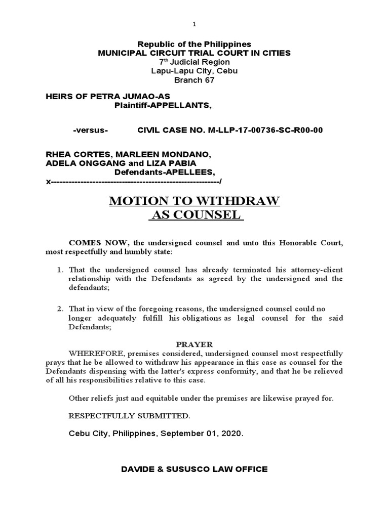 Motion To Withdraw As Counsel: 7 Judicial Region Lapu-Lapu City, Cebu ...