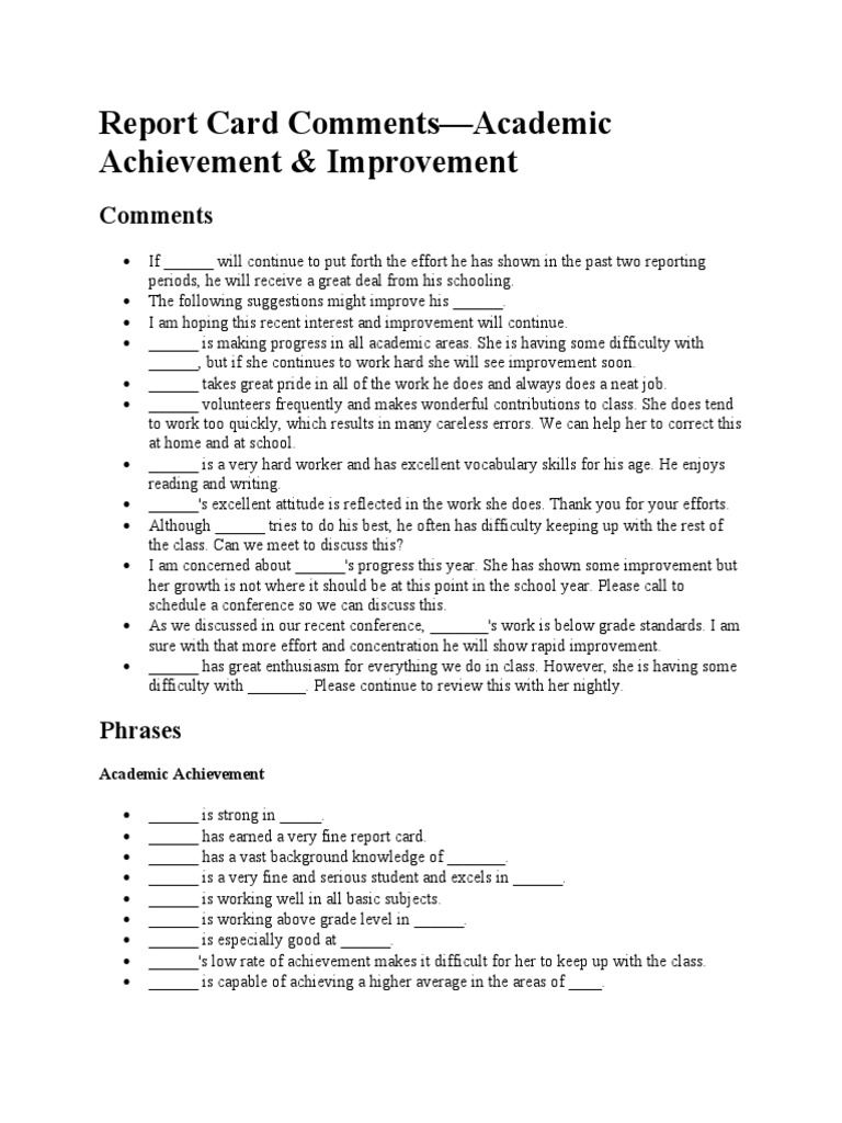 Report Card Comments | PDF | Study Skills | Homework
