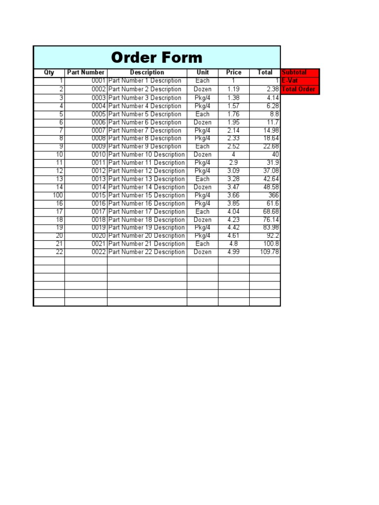 Order Form: Qty Part Number Description Unit Price Total Subtotal | PDF ...